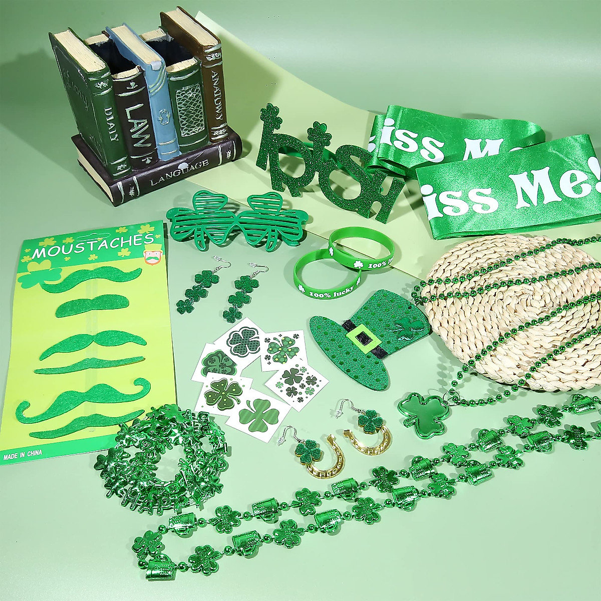 Florideco St. Patrick's Day Accessories Costumes Set With 2 Pairs Earrings 2 Glasses 4 Shamrock Necklace 2 Lucky Bracelets 6 Mustaches 2 Irish Shoulder Strap for Women Irish Party Favors St Patricks Day Decorations