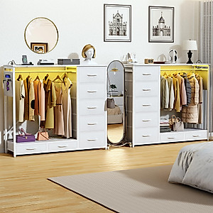 SZLHANJZ Dresser for Bedroom with Hanging Rack, 7 Drawer Clothes Storage Chest with Lights and Charging Station, Wardrobe Dresser with Hooks and Pocket, Wood Top, Nursery White
