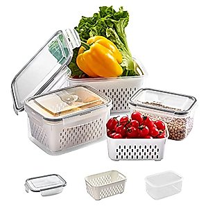 Fruit Grape Storage Containers for Fridge 3 Pack - Produce Fruit Fresh Saver Containers with Lids, Drain Baskets and 20 PCS Reusable Food Storage Bags, Bins BPA-Free for Veggie Berry Salad Lettuce