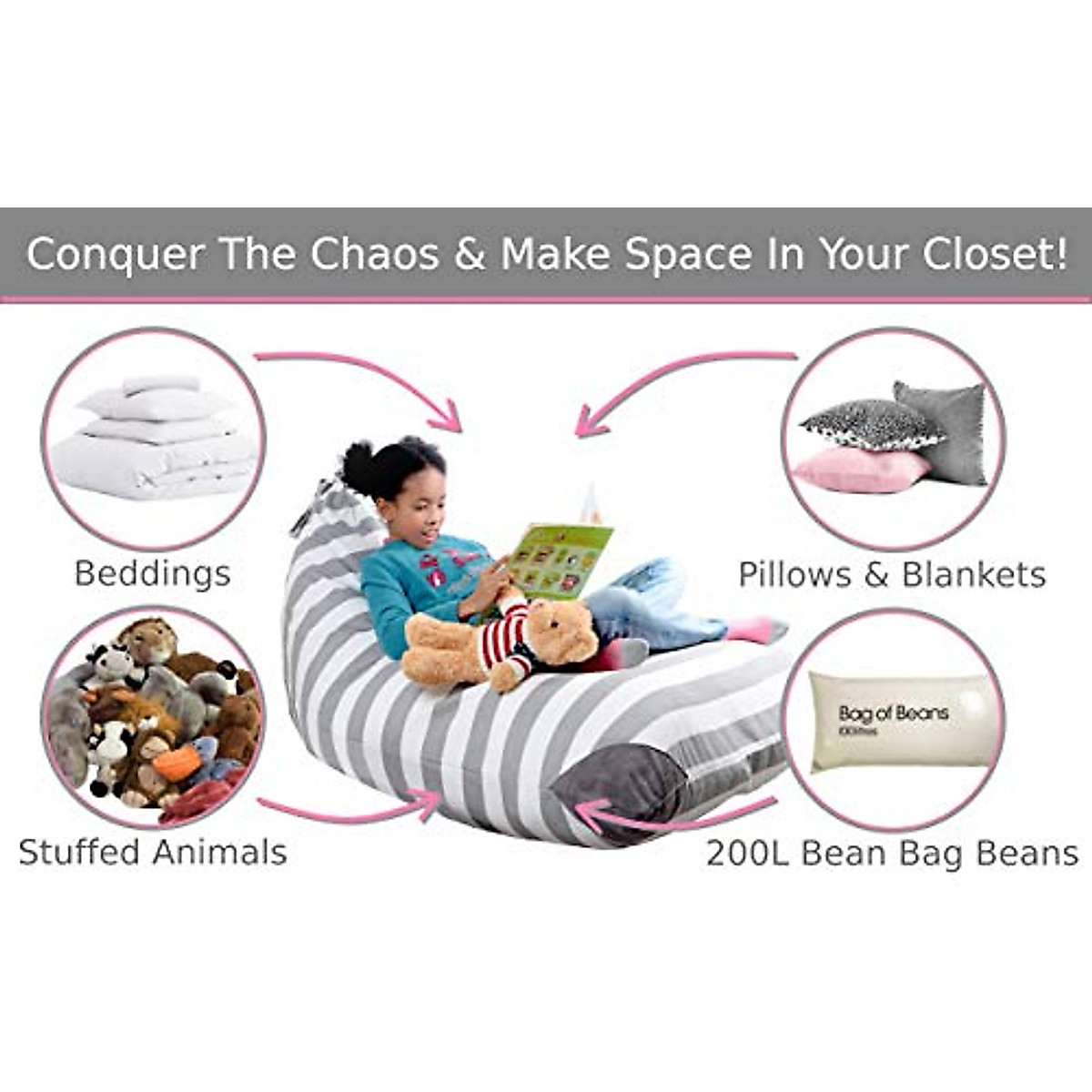 XL Stuffed Animal Storage Bean Bag Chair by mylola | Premium Quality Cotton Canvas Cover | Kids Soft Toy Organizer fits 200L | Makes Comfy Lounger