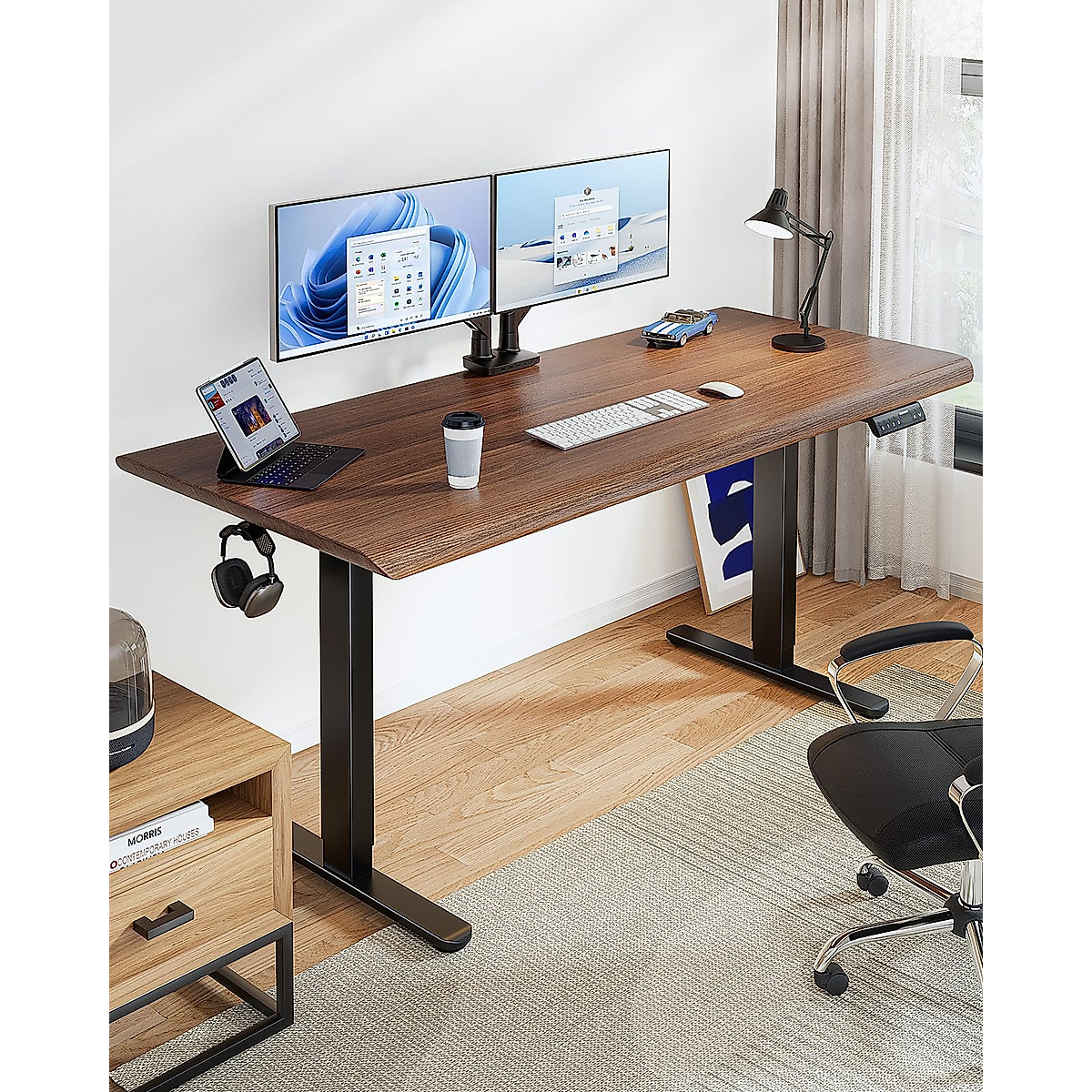 HUANUO 265 lbs Dual Motor Electric Standing Desk Frame, Thick T-Shaped Desk Legs Made of Automotive-Grade Steel, for Max 90″ x 31.5″ Desktop, Height Adjustable Desk Frame for Home Office, Frame Only