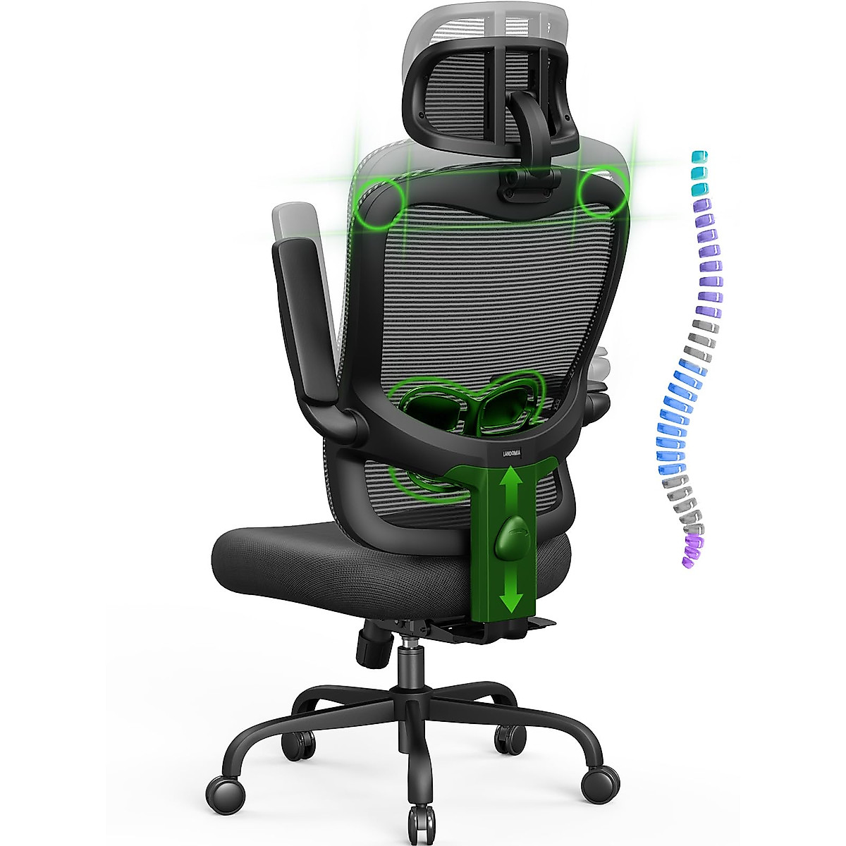 Ergonomic Office Chair Big and Tall - 350LBS Capacity, 6'5" Tall Max, Computer Desk Chairs Over 10 Hours Comfortable, with Adjustable Mesh High Back, Lumbar Support, 3D Headrest, Flip-up Arms