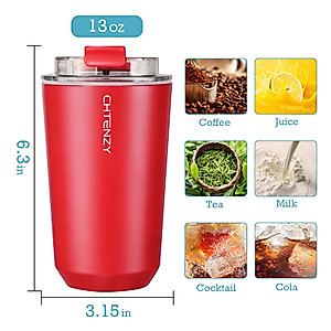 CHTENZY Insulated Coffee Mug,Spill Proof Travel Coffee Cup With Lid, Red Coffee Thermos,Stainless Steel Double Wall Vacuum Cup,Reusable For Coffee Tumbler (Red,13oz)