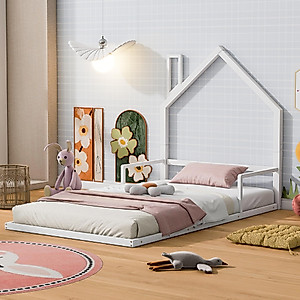 Bellemave Twin Floor Bed for Kids, Metal Twin Bed for Boys, girs, Twin Bed Frame with House-Shaped Headboard, Twin Size Montessori Floor Bed, White