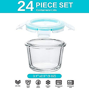 [12-Pack, 5oz]Mini Glass Food Storage Containers, Small Glass Jars with BPA-Free Locking Lids, Food containers, Airtight, Freezer, Microwave, Oven & Dishwasher Friendly