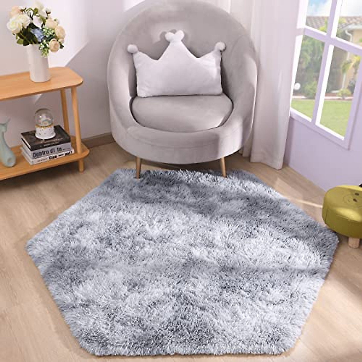 ST. BRIDGE Soft Fluffy Hexagon Rugs for Princess Tent Kids Play Castle, Cute Tie-Dye Grey Washable Rug for Baby Nursery Kids Room Decor, Non-Slip Shag Carpet for Girls Bedroom Playroom,Diameter 4.6 ft