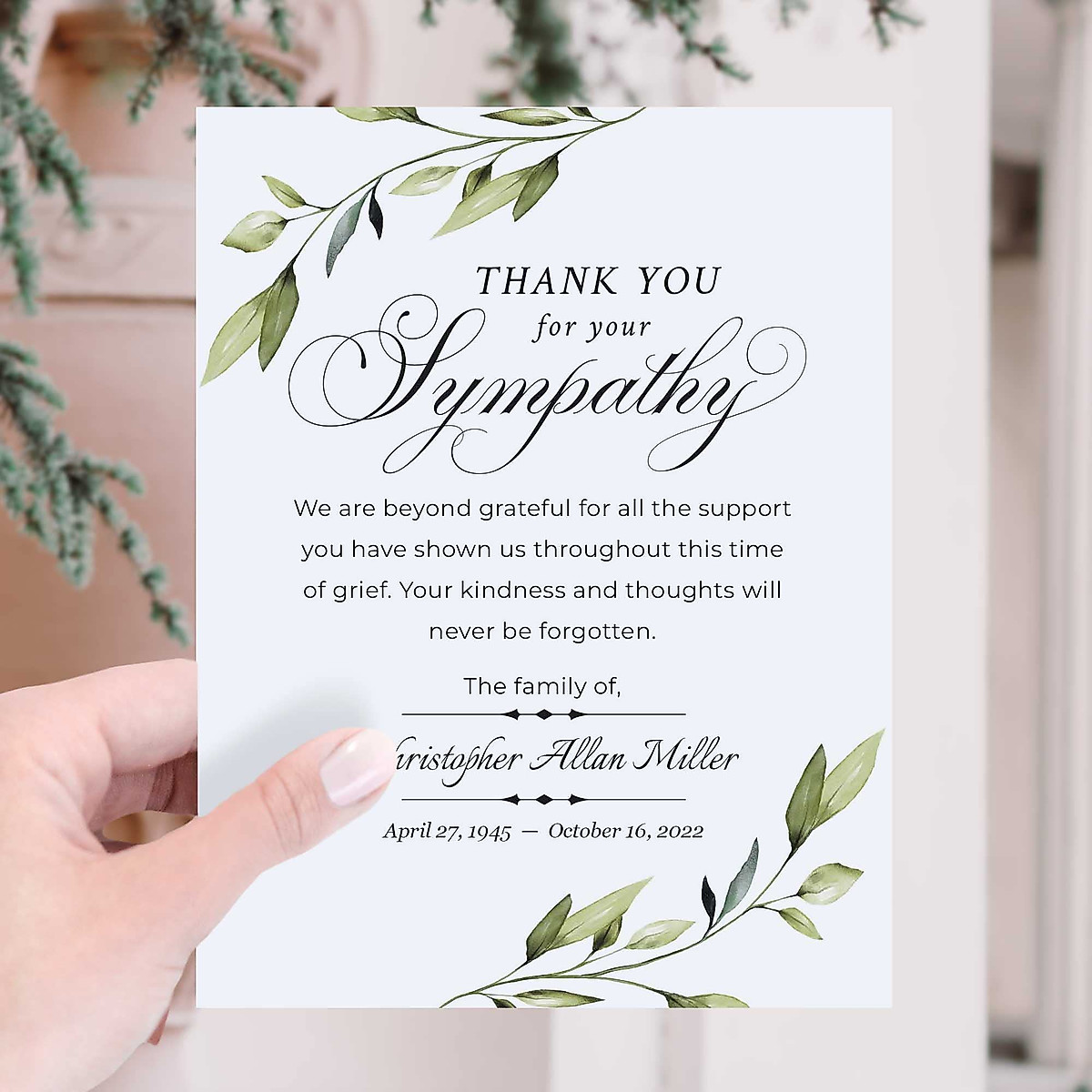 Greenery personalized sympathy thank you notes, Funeral thank you cards with envelopes.