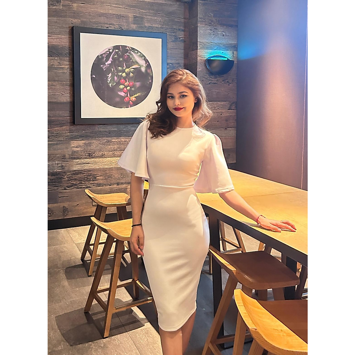 Memoriesea Women's Basic Bodycon Ruffle Flared Short Sleeve Pencil Midi Dress White