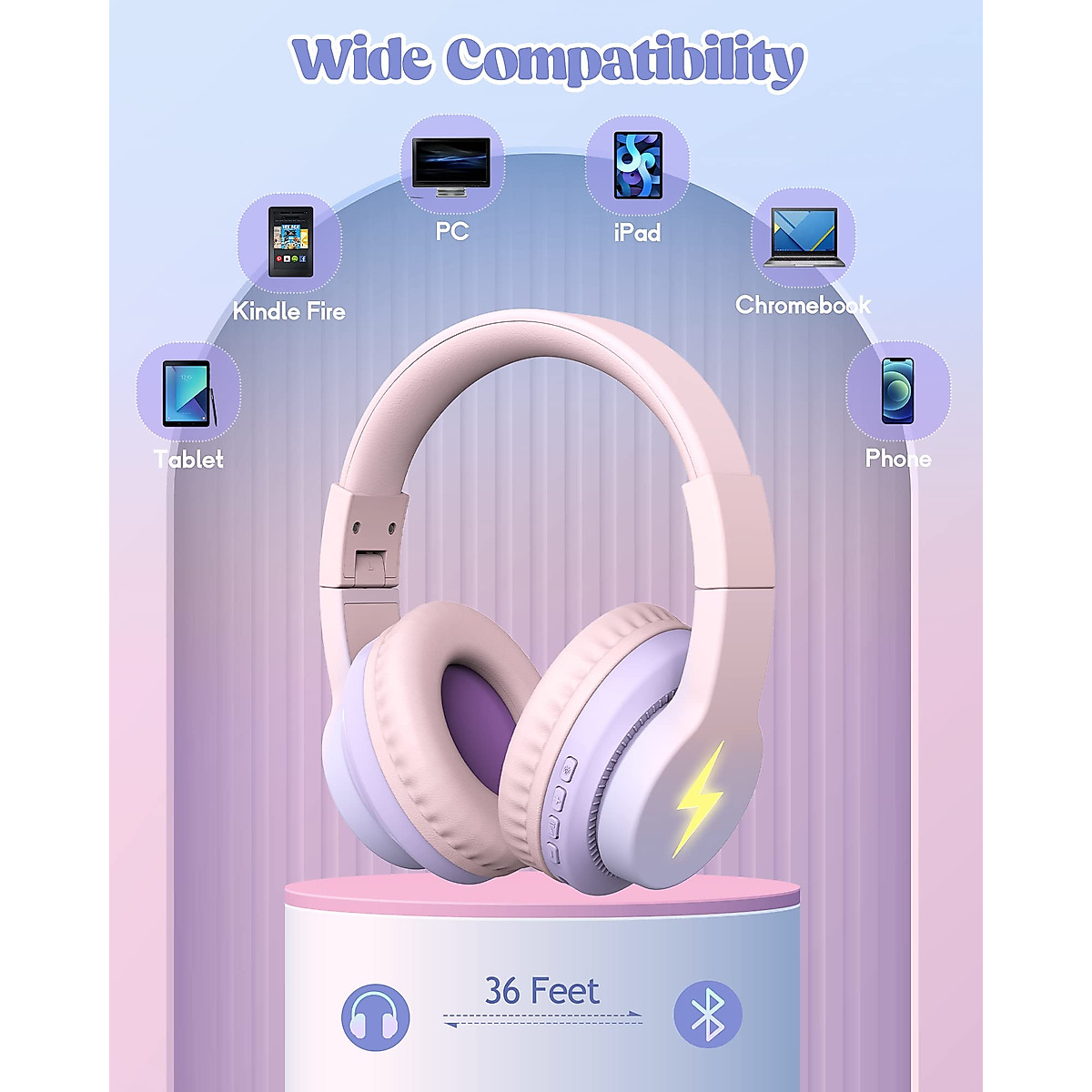 Kids Bluetooth Headphones, Colorful Wireless Over Ear Headset with LED Lights, Built-in Mic, 45H Playtime, 85dB/94dB Volume Limited Headphones for Boys Girls iPad Tablet School Airplane Pink Purple