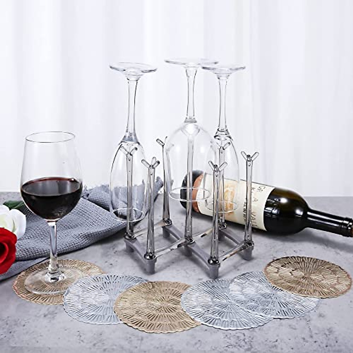 Maxcocola Retractable Cup Drying Rack with 6PCS Coasters, Retractable Drying Rack and Bottle Drying Rack, Plastic Bag Drying Rack and Mug Tree with Antiskid Bottom for Countertop(Gray)