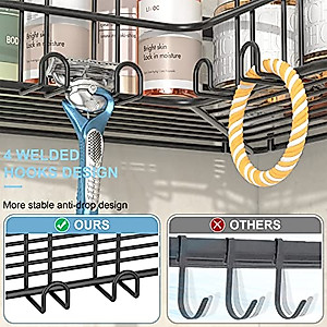Yazoni Corner Shower Caddy, Adhesive Shower Shelves No Drilling [2-Pack], Rustproof Stainless Steel Bathroom Shower Organizer Wall Mounted with 8 Hooks and 6 Adhesives (Black)
