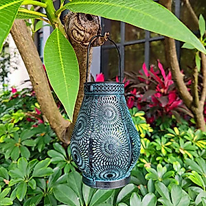 Solar Lantern Outdoor with Shepherd Hooks - Waterproof Metal Garden Solar Lights Hanging Lanterns Decorative - Solar Powered LED Lanterns with Handle for Patio Yard Pathway Walkway [Cyan-Blue]