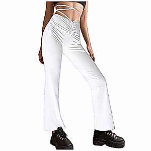 Bravetoshop Women's Regular Fit Straight Leg Pants Crisscross High Waist Casual Trousers Y2K Fashion Streetwear (White,S)