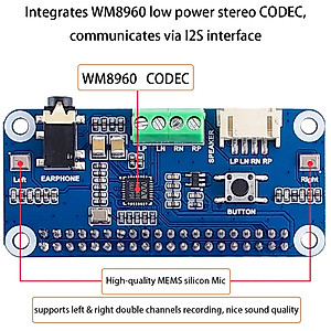 Audio HAT Module for Raspberry Pi 4B/3B+/3B/2B/B+/A+/Zero/Zero W/Pi Zero WH,WM8960 Hi-Fi Sound Card HAT Stereo CODEC, Play/Record