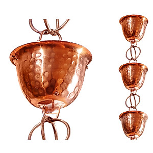 Monarch Rain Chains 26558 Pure Copper Hammered Cup Rain Chain Replacement Downspout for Gutters, 8-1/2 Feet Length