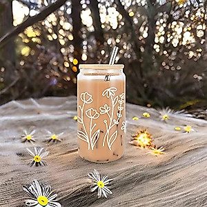 Coolife Floral Iced Coffee Cup - 16oz Can Shaped Drinking Glass Cup w/Bamboo Lid Straw - Aesthetic Cups, Glass Coffee Tumbler, Flower Glass Cups for Beer Smoothie - Birthday Aesthetic Gifts for Women