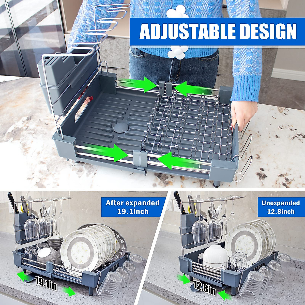 DOFIMATE Expandable Dish Drying Rack,Dish Racks with Drainboard,Multifunctional Stainless Steel Dish Rack for Kitchen Counter