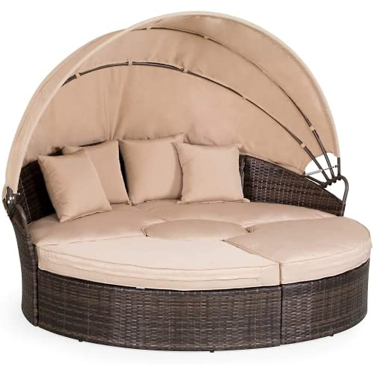 Omelaza Outdoor Round Daybed Sofas Patio Furniture with Retractable Canopy, Brown Wicker, 4 Pieces Seating Separates Cushioned Sectional Sofa, and 1 Round Center Table, for Lawn, Poolside, Garden