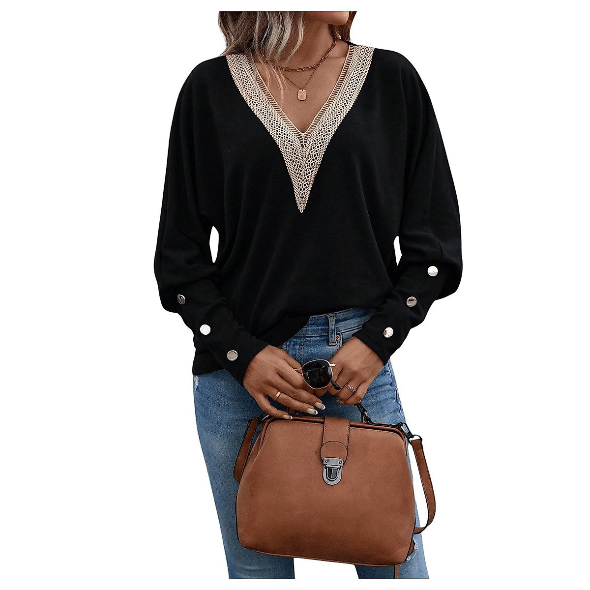 GORGLITTER Women's Guipure Lace Long Sleeve Sweatshirt V Neck Casual Pullover Tops Black Medium