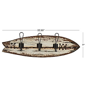 Deco 79 Wood Surfboard Handmade Distressed Fish Shaped 3 Hanger Wall Hook with Metal Accents, 23" x 2" x 7", Brown