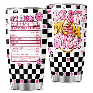 JENOIS Tumblers Women Cups Checkered Coffee Mama Funny Day For Mothers Modern Simple Simply Handle, Mom Nutrition Facts, Tumbler 20 Oz With Lid And Straw, Best Mom Ever Gifts