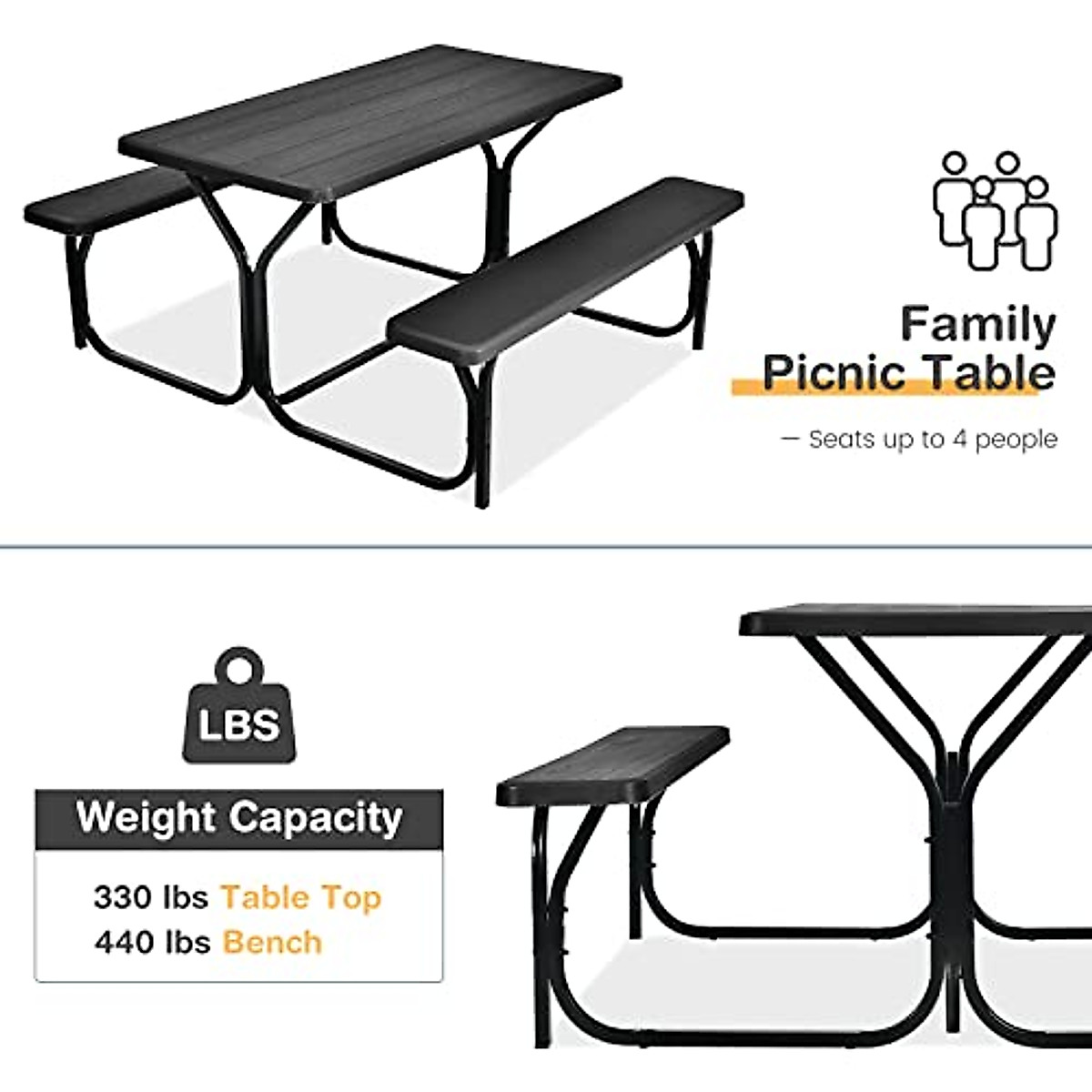 Tangkula Picnic Table Bench Set, Outdoor Picnic Table with 2 Benches, Metal Camping Table with Plastic Wood-Like Texture Tabletop & Steel Frame, Ideal for Picnic, Party, Garden, Lawn (Black)