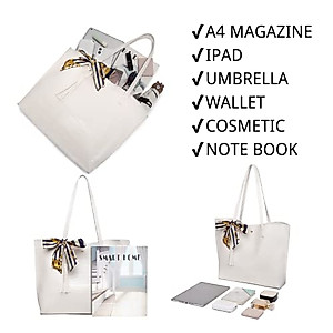 Women's Tote Shoulder Bag PU Leather Big Capacity Tassel Handbag (L, White)