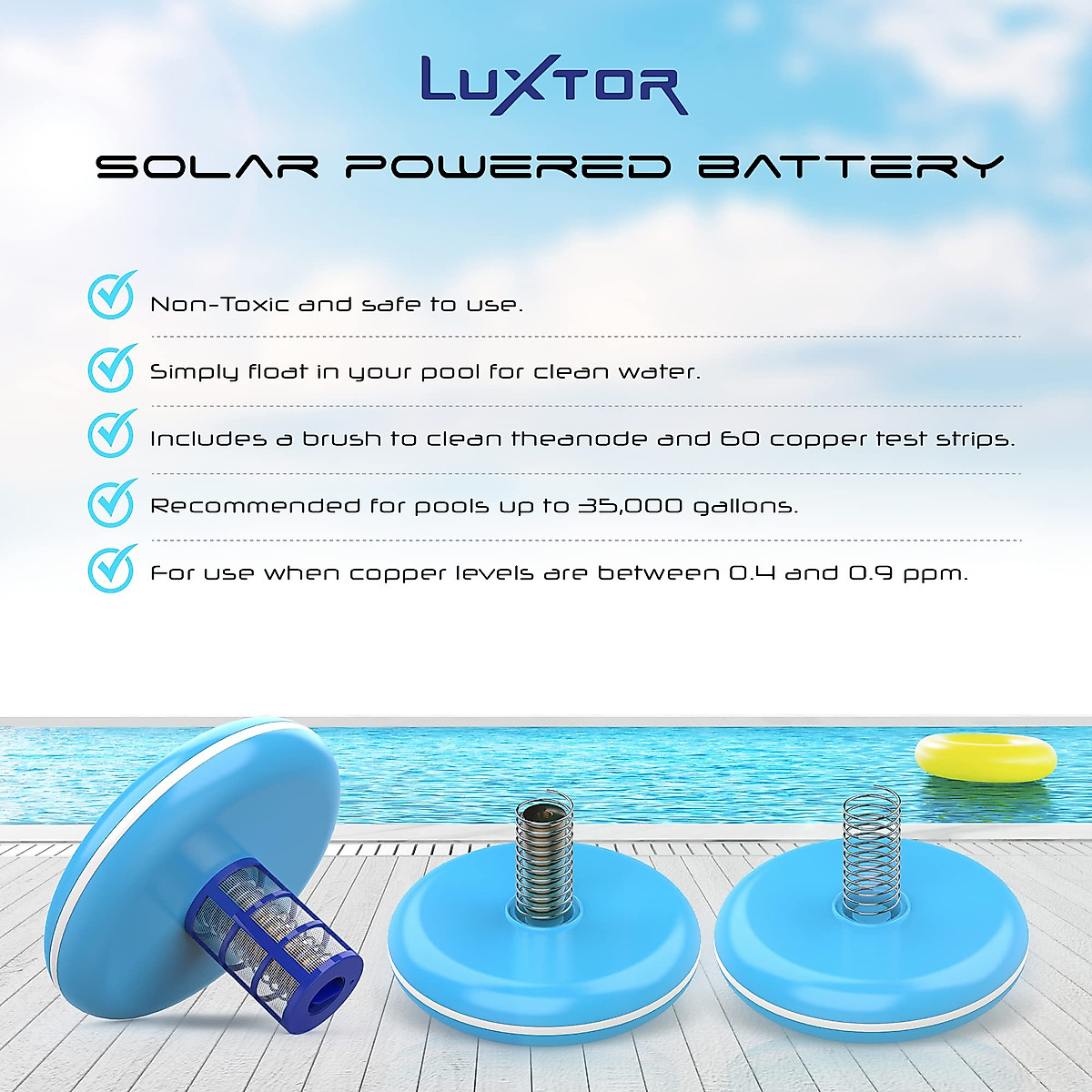 LUXTOR Solar Pool Ionizer, Cleaner, and Purifier Restores Clear, Chlorine-Free Water, Long Lasting Anode for 35,000 Gallons, Natural Shock for Swimming Areas, Smart Replacement