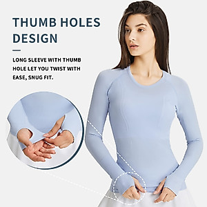 Long Sleeve Workout Shirts for Women Seamless Yoga Tops, Running T-Shirt Breathable Gym Athletic Tops Slim Fit Blue