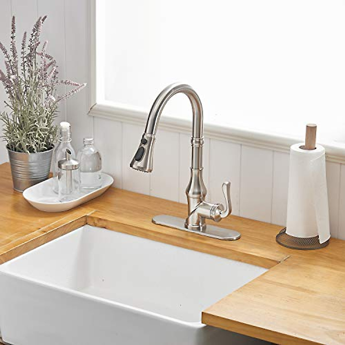 Kitchen Faucet Brushed Nickel with Pull Out Sprayer Commercial High Arc 3 Functions Farmhouse Faucet for Kitchen Sink Single Handle Single Hole with Deck Plate Kitchen Faucets by BWE