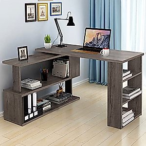 VANSPACE 360° Rotating Computer Desk with Storage Shelves 67 inch Multi-Functional L-Shaped Corner Desk for Home Office Bedroom Study Writing Table Modern Simple Style for Small Space