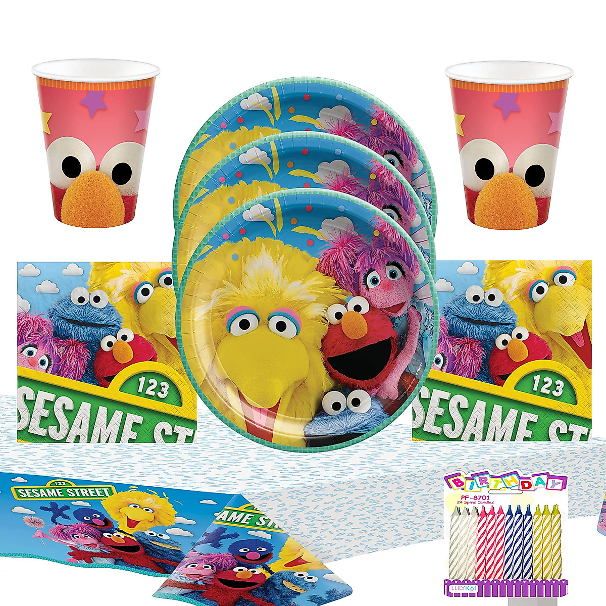 123 SESAME STREET Everyday Sesame Street Elmo Party Supplies Pack Serves 16: Dinner Plates and Luncheon Napkins Cups and Table Cover with Birthday Candles (Bundle for 16)