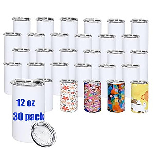 Icesip 30 Pack 12 OZ Sublimation Tumblers Blanks, Bulk Tumbler Blank for Sublimation Cups with Lids and Straws, Stainless Steel Double Wall Insulated Straight