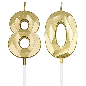 80th Birthday Candles for Cake, Gold Number 80 3D Diamond Shaped Candle Birthday Decorations Party Supplies for Women or Men
