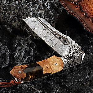 Minowe Japan Handmade Damascus steel steel Folding Pocket Knife，3.5 in High hardness blade，Frame Lock，With Leather Sheath，resin and Maple handle，Mountaineering go fishing hunting Adventure Knifee