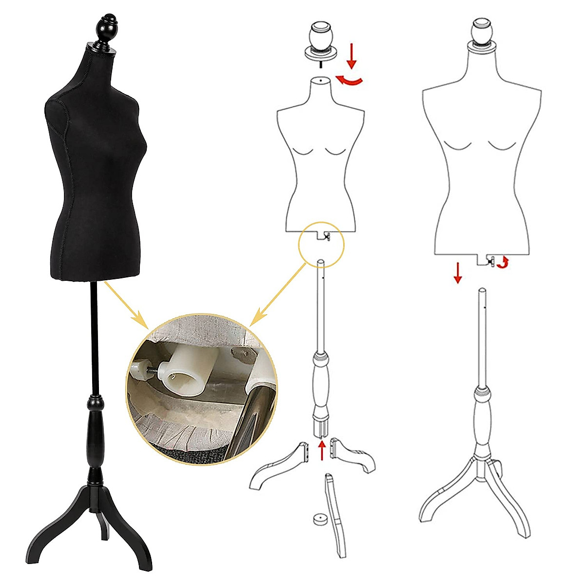 HCY Mannequin Torso Mannequin Stand Dress Form 60-67 Height Adjustable Maniquins Body Female, Displays Women for Sewing Wooden Tripod Base, Foam Body(Black) 15.75 x 25.6 x 67