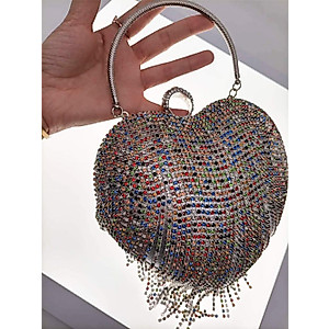 WANLIAN Women Luxury Cute Heart Shape Tassel Evening Clutch Bag Rhinestones Wedding Party Purse Handbag With Earrings Necklace