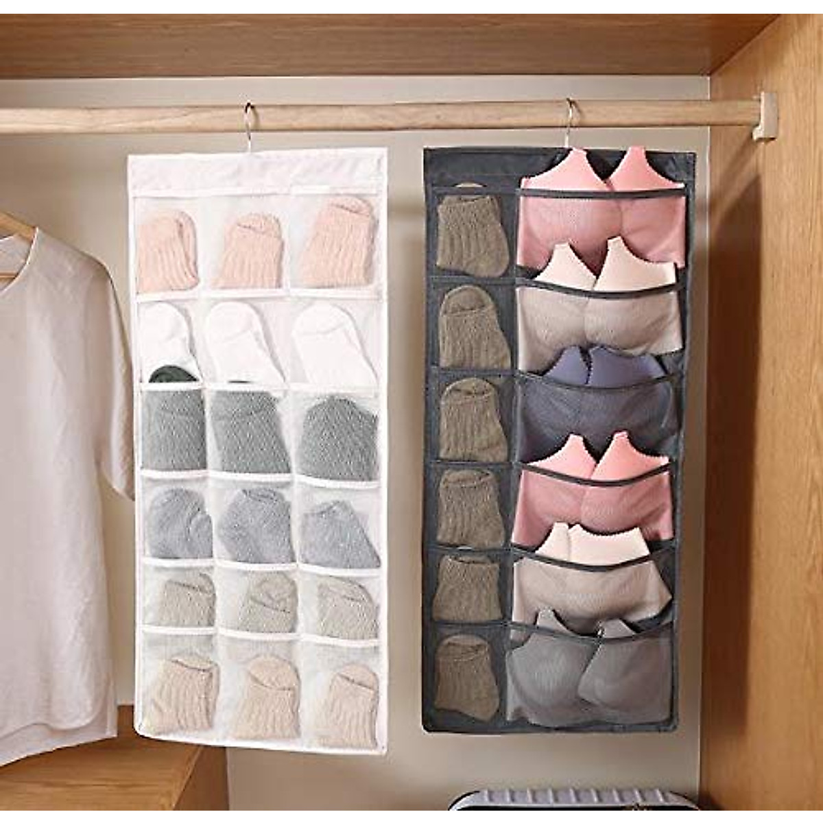 Closet Hanging Organizer with Mesh Pockets & Rotating Metal Hanger,Dual Sided Wall Shelf Wardrobe Storage Bags,Oxford Cloth Space Saver Bag for Bra Underwear Underpants Socks(white,30 Pocket)