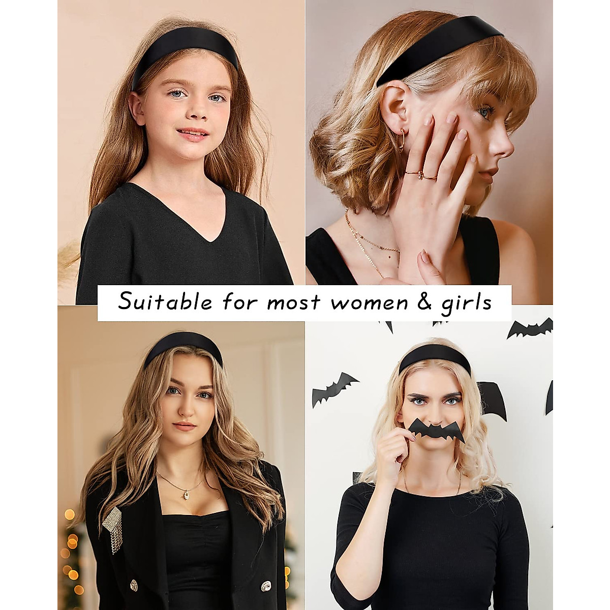 Wecoe Women's 1.6 Inch Wide Black Silk Satin Headband, Non Slip Fashion Plain Head Band, DIY Hair Accessories for Women Girls, Holiday Hair Accessories, Gifts