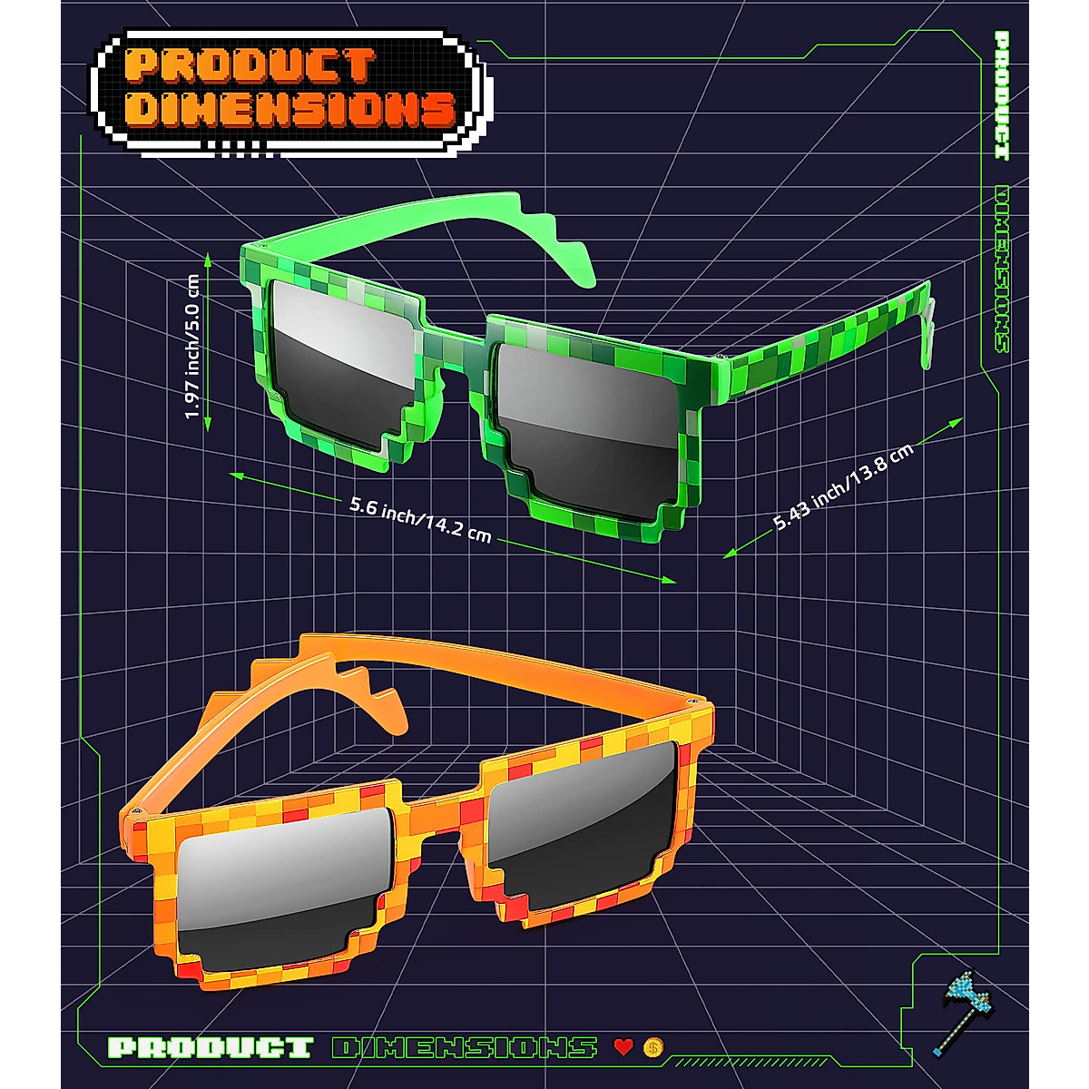 Flutesan Pixel Sunglasses Miner Party Favors Pixel Party Favors Glasses for Kids Adults Birthday Party Pixelated Game Party Supplies(12 Pair)