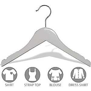 Kids White Finish Wood Top Hanger with Notches and Rubber Strips in 12" Length X 7/16" Thick with Chrome Hardware, Box of 100