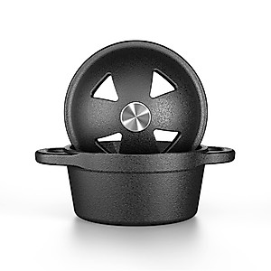 Garlic Roaster Baker, Cast Iron Dutch Oven Pre-Seasoned, Mini Cocotte, 1 Cup Capacity, Black, Ramekin with Lid, for BBQ Grill or Oven, by Bazaar LM-ents (Dome Lid)