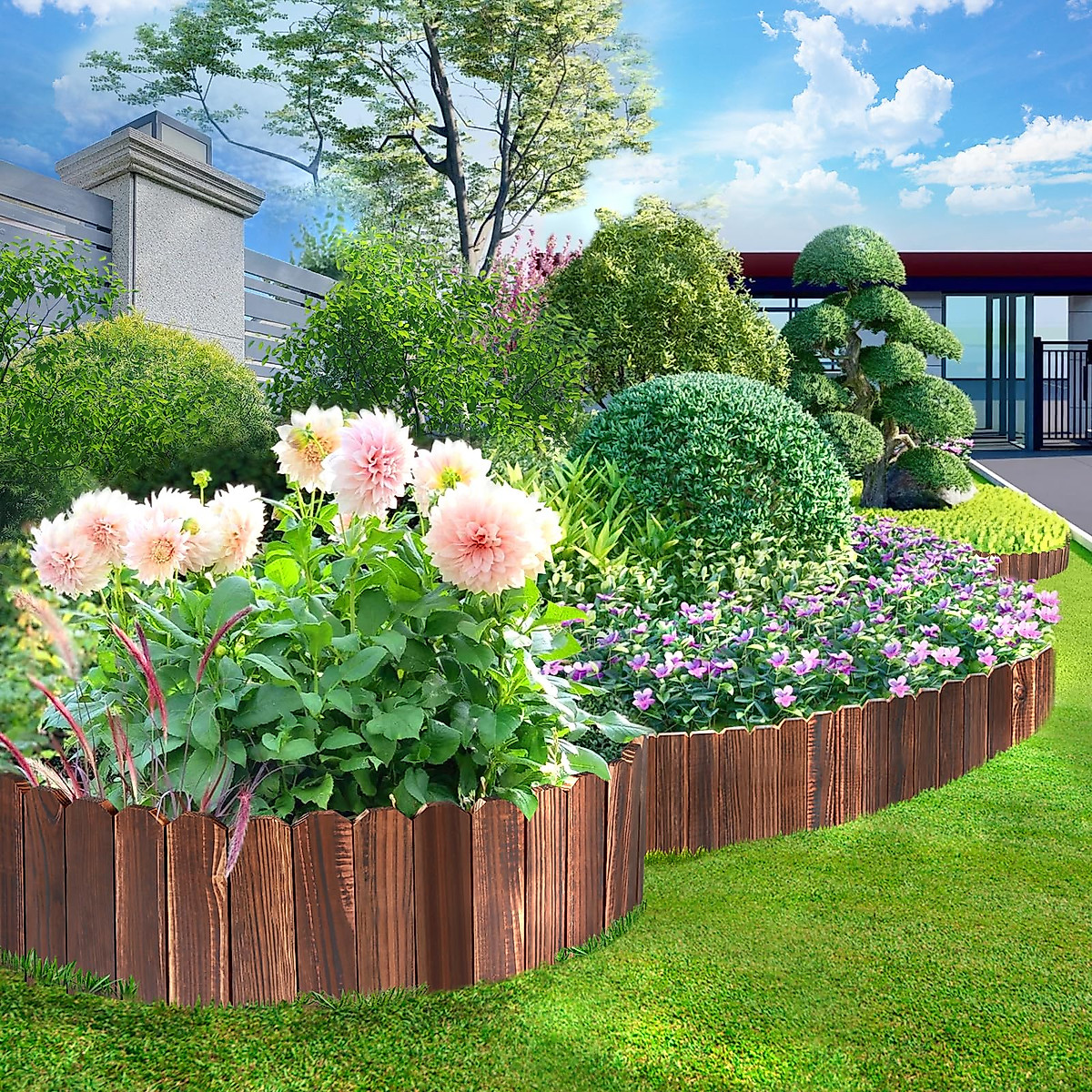 LINSHRY Wood Garden Edging Border, 2 Pack 7.9 in H x 3.9 ft L. Wooden Garden Fence Border for Decorative Landscape Border Edging, Courtyards Planting Fence Tree Fences(Total 7.8ft Length), RXZER03