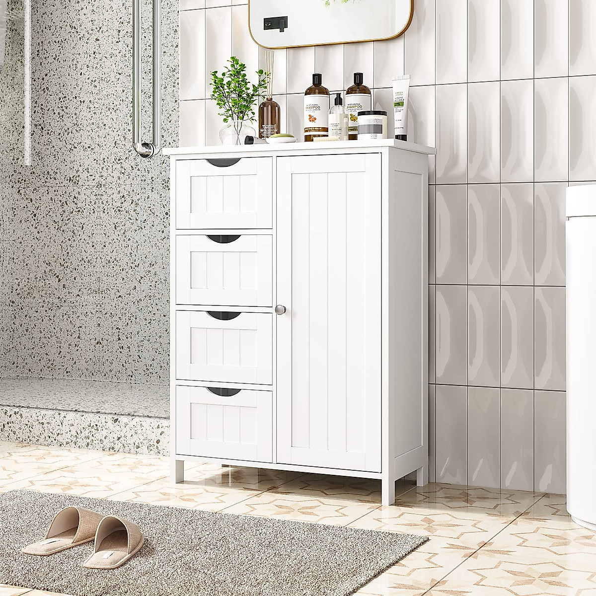 Irontar Bathroom Floor Cabinet, Storage Cabinet with 4 Drawers and Adjustable Shelf for Entryway Storage, Home Office Furniture, White CWG005W