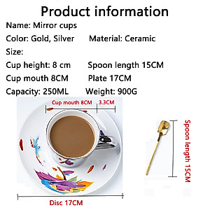 ACGrade Mirror Cup,Mirror Reflection Coffee Mug,Mirror Coffee Cup,Specular Reflection Flower, Ceramic Mug and Saucers Set,with Spoon 250ML, Silver Bird, 17*8CM