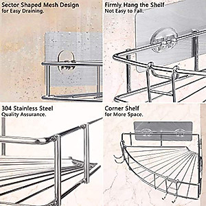 GEMITTO Corner Shower Caddy, SUS304 Stainless Steel Self-adhesive Bathroom Organizer Rack with 3 Stickers+2 Hooks, No Drilling for Shampoo Conditioner Kitchen Spice Storage (Silver)