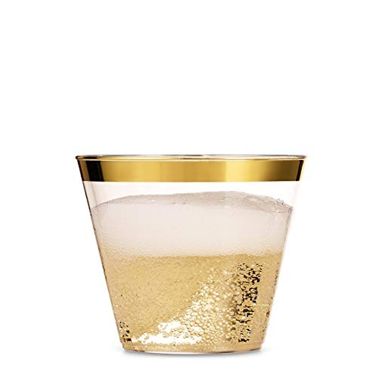 Munfix 100 Gold Plastic Cups - 9 Oz Clear Old Fashioned Tumblers - Fancy Gold Rimmed Cups - Disposable Wedding Cups - Elegant Party Cups with Gold Rim