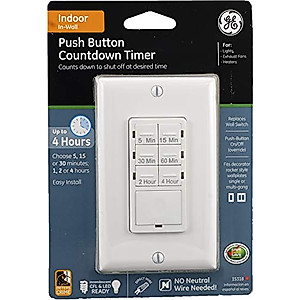 GE Push-Button Countdown Timer Switch, 5-15-30 Minute/1-2-4 Hour, ON/Off, No Neutral Wire Needed, Ideal for Lights, Exhaust Fans, Heaters, Wall Plate Included, 15318 , White
