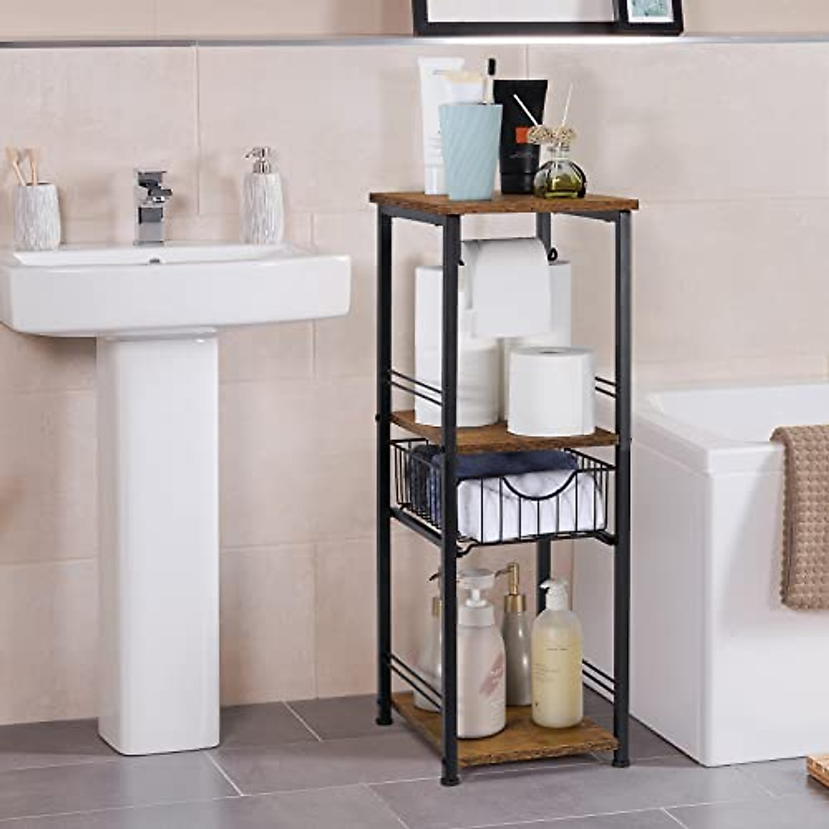 Bathroom Towel Storage Shelf 3 Tier Standing Towel Cabinet Organizer with Paper Hanger Multipurpose Rack Organizer Floor Bath Storage Shelf with Basket for Lavatory Powder Room