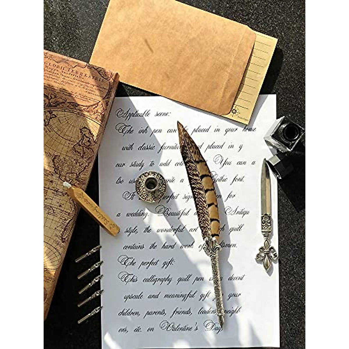 SCHOWE Antique Two-Color Feather Pen Quill Pen Dip Pen With Envelope Writing Paper Calligraphy Pen and Ink Set(pheasant)